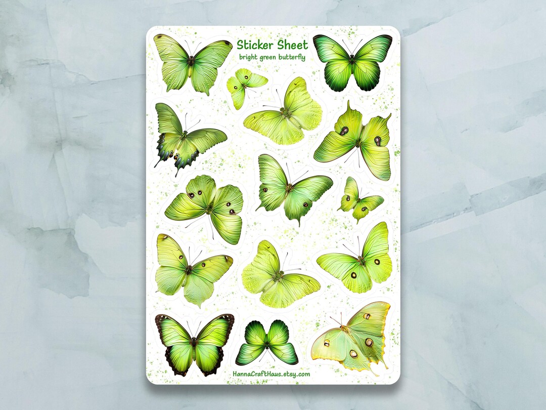 Bright Green Butterflies Sticker Sheet - Set of 18 Stickers for Journal ...