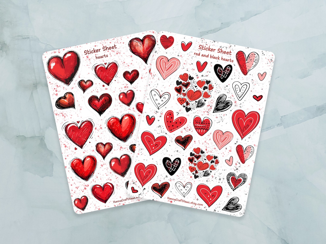 Hand Drawn Heart Sticker Sheet - Set of 15+ Stickers for Journal ...