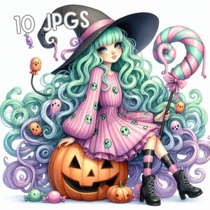 Pastel Halloween Witch Girl Clipart, 10 High Quality 300 DPI Jpegs ...