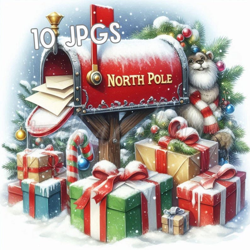 North Pole Mailbox Clipart | Christmas Watercolor Scene (10 JPG) - Etsy