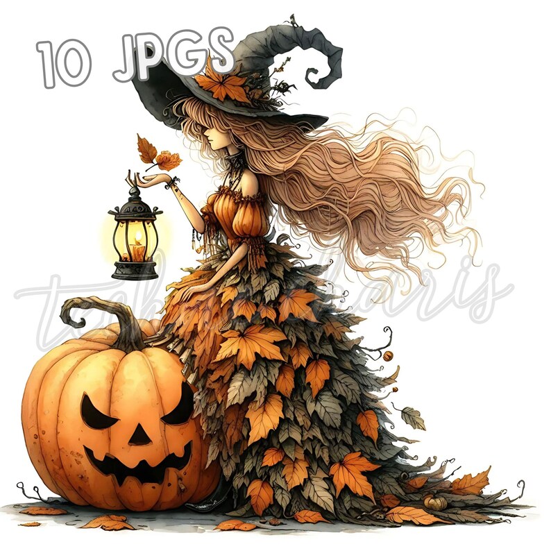 Autumn Witch Girl Clipart | Pumpkin Halloween Art (300 DPI JPEG) - Etsy