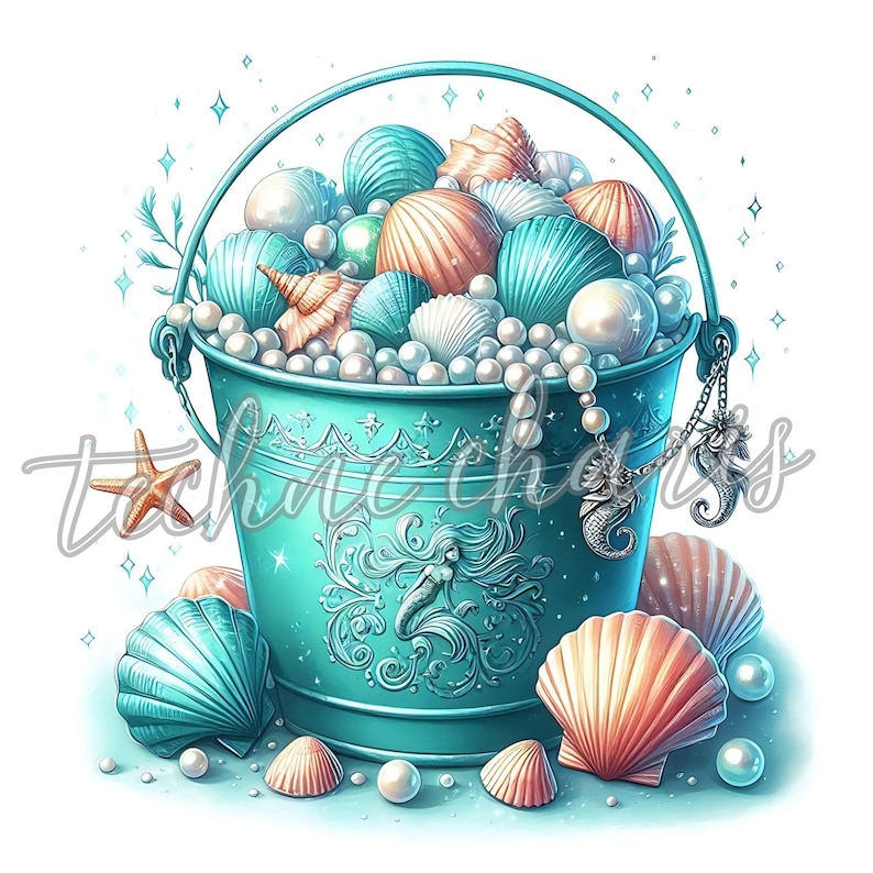 Seashell Bucket Clipart | 10 High-quality Watercolor Jpgs, Beach Summer ...
