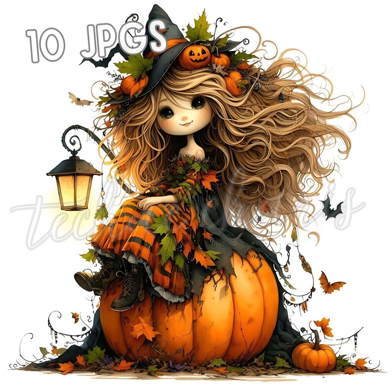 Autumn Witch Girl Clipart | Pumpkin Halloween Art (300 DPI JPEG) - Etsy