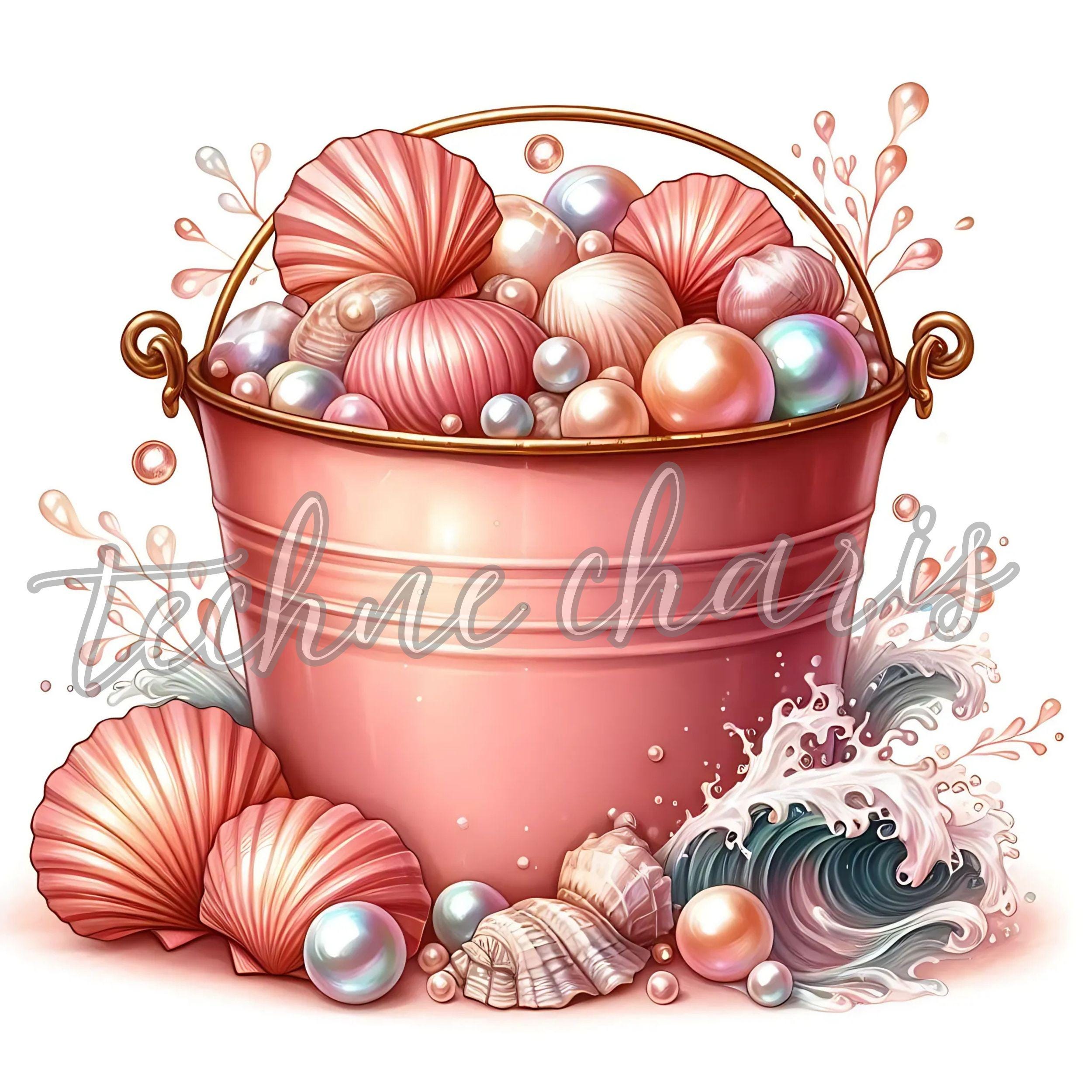 Seashell Bucket Clipart | 10 High-quality Watercolor Jpgs, Beach Summer ...