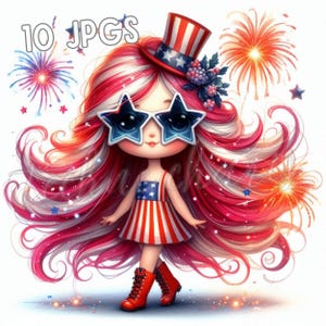 10 Patriotic Quirky Girl Clipart JPG, 4th of July, USA Pride, Memorial ...