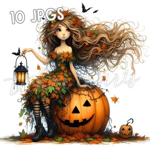 Autumn Witch Girl Clipart | Pumpkin Halloween Art (300 DPI JPEG) - Etsy