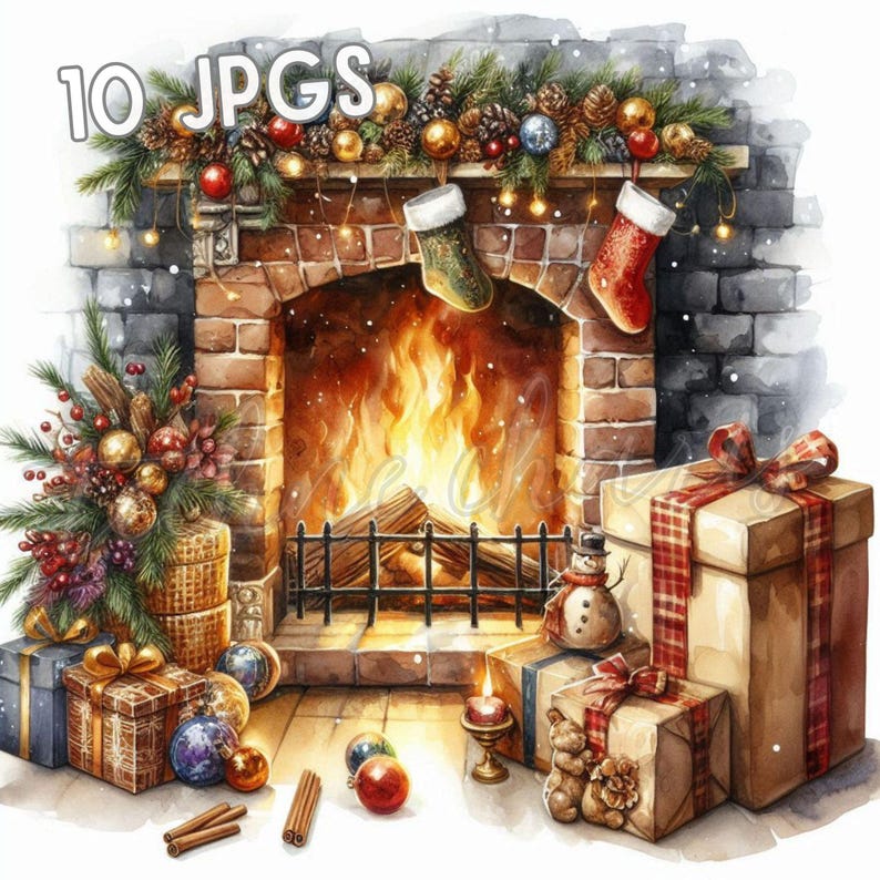 Cozy Christmas Fireplace Clipart, 10 Watercolor Jpgs, Rustic Winter ...