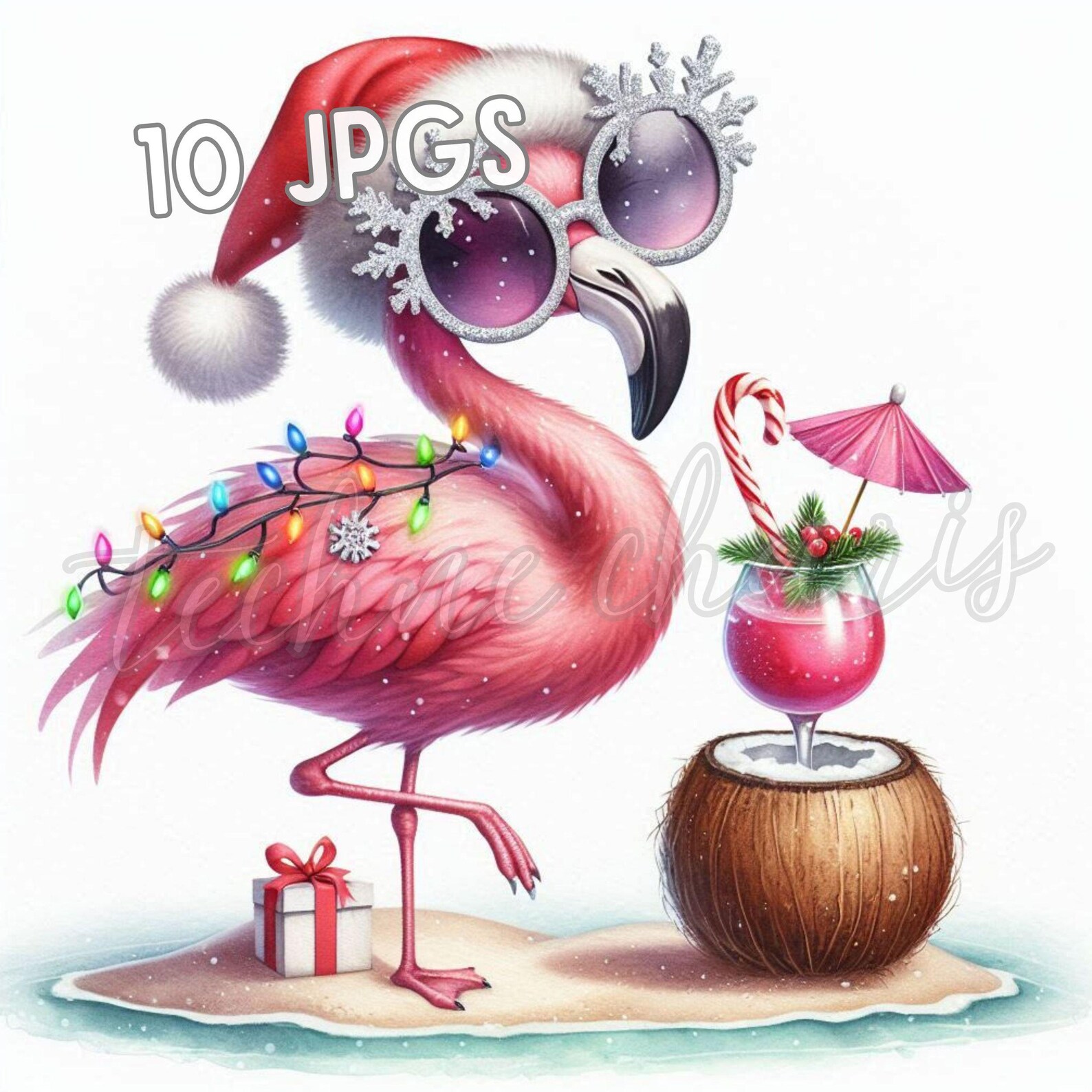 Christmas Tropical Flamingo Clipart Set of 10 Jpgs – Watercolor Holiday ...