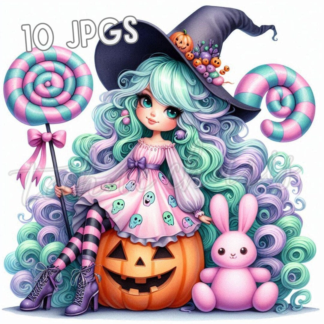 Pastel Halloween Witch Girl Clipart, 10 High Quality 300 DPI Jpegs ...