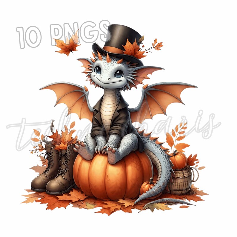 Fall Dragon PNG Clipart Bundle | 10 Cute Fantasy Dragons on Pumpkins ...