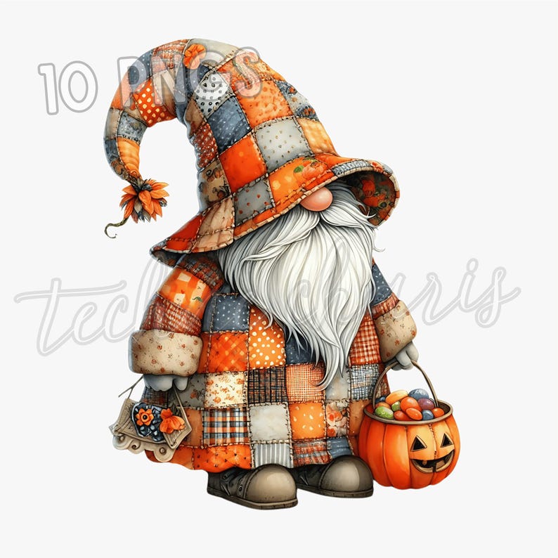 Halloween Pumpkin Gnome Clipart, Patchwork Candy Costume (PNG Instant ...