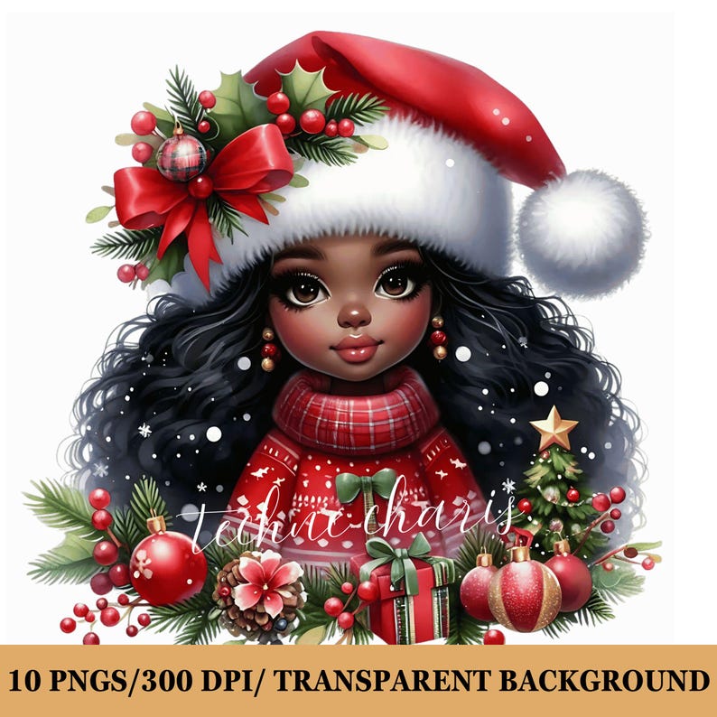 Festive Black Girl Clipart Bundle for Christmas, Fashion PNG Stickers ...
