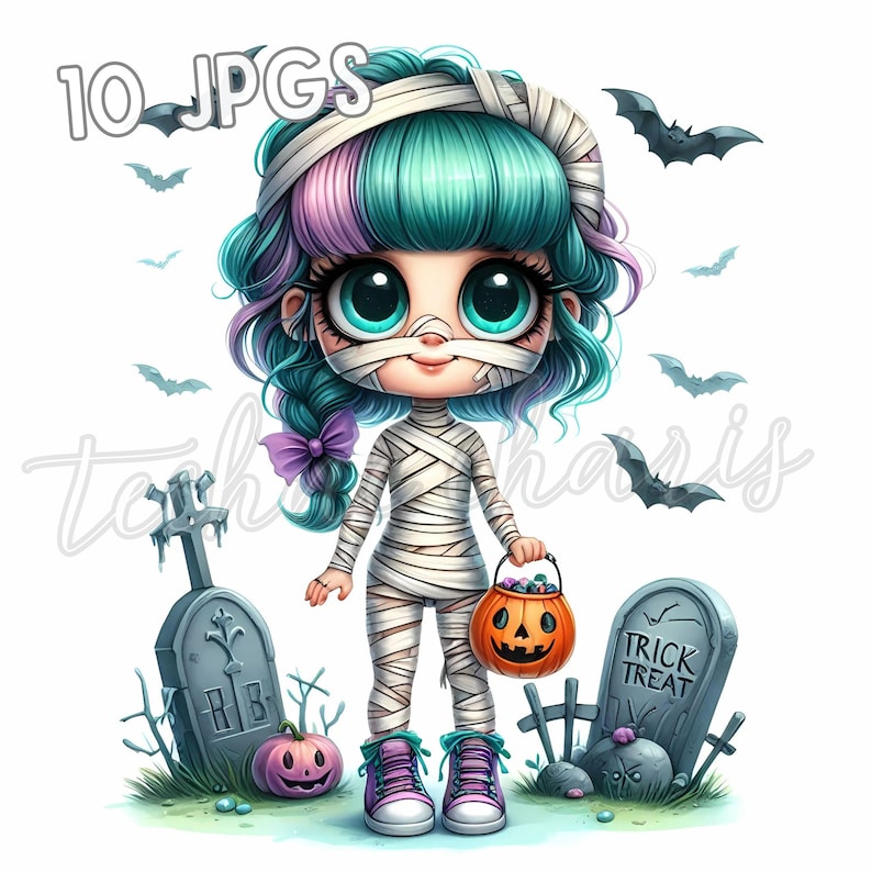 Whimsical Mummy Girl Clipart | Halloween Watercolor Art (JPG, 300 DPI ...