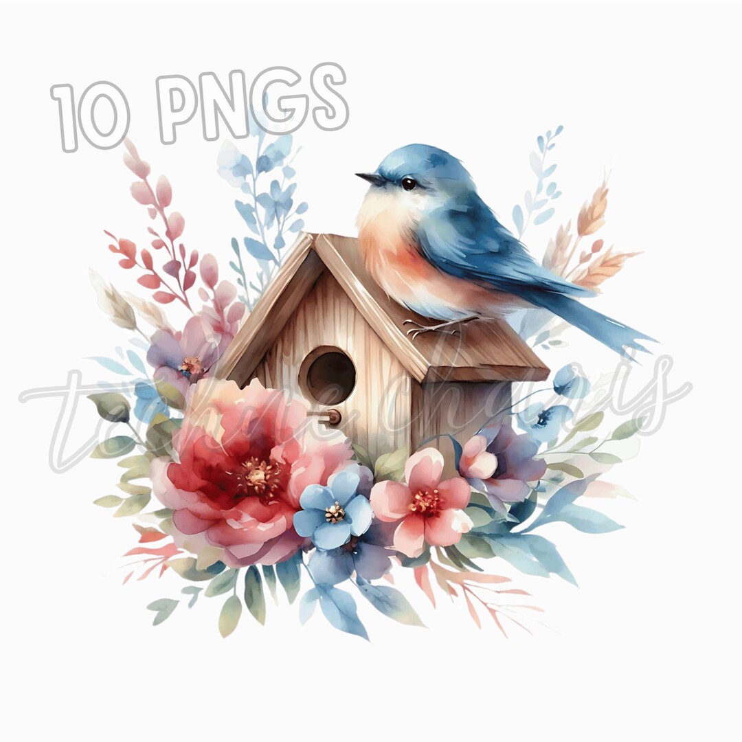 10 Birdhouse PNG Clipart | Watercolor Spring Landscape & Blossoms ...