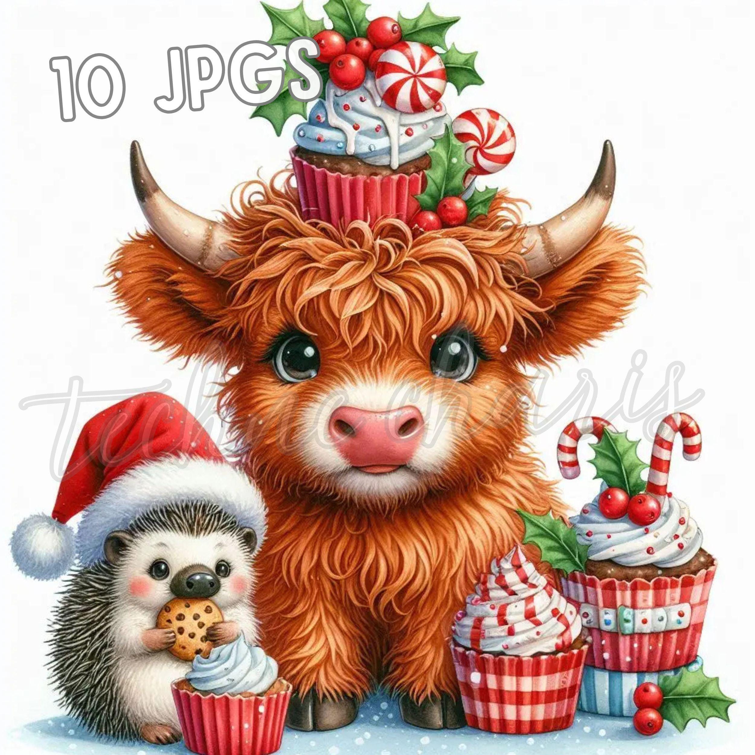 10 Watercolor Christmas Highland Cow Clipart Jpgs | Winter Holiday ...