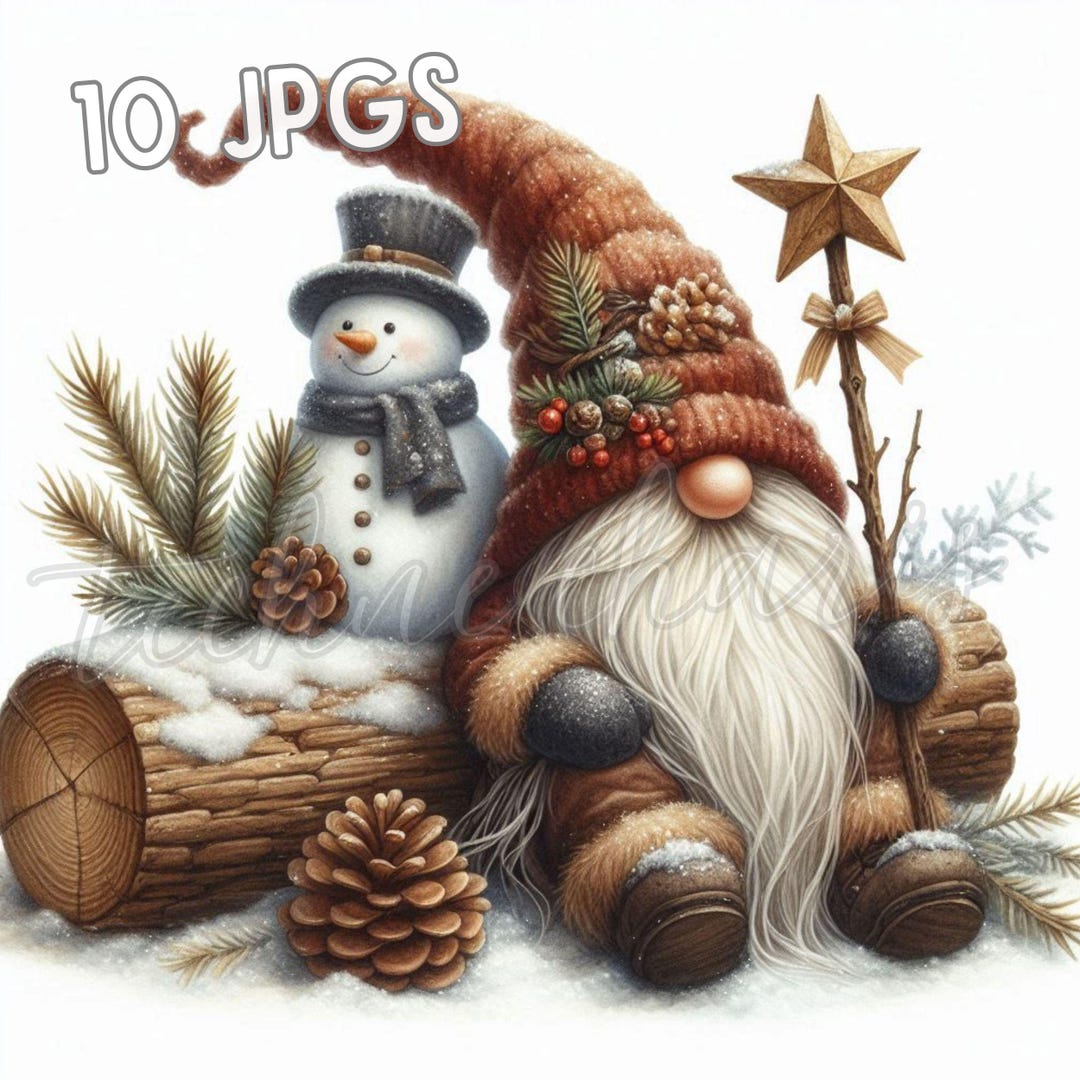 Snowman Friend Gnome Clipart | 10 JPG Rustic Christmas Gnome With ...
