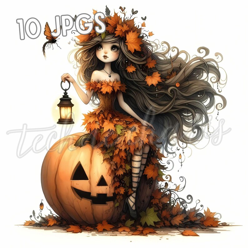 Autumn Witch Girl Clipart | Pumpkin Halloween Art (300 DPI JPEG) - Etsy