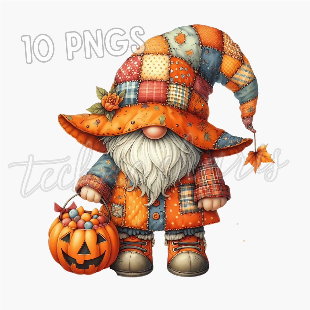 Halloween Pumpkin Gnome Clipart, 10 PNG Patchwork Candy Gnome, Autumn ...
