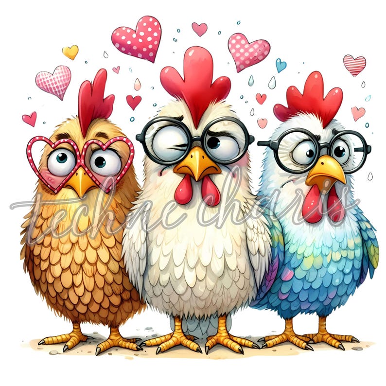 Whimsical Funny Chickens Clipart, Set of 10 High Res Jpgs, Watercolor ...