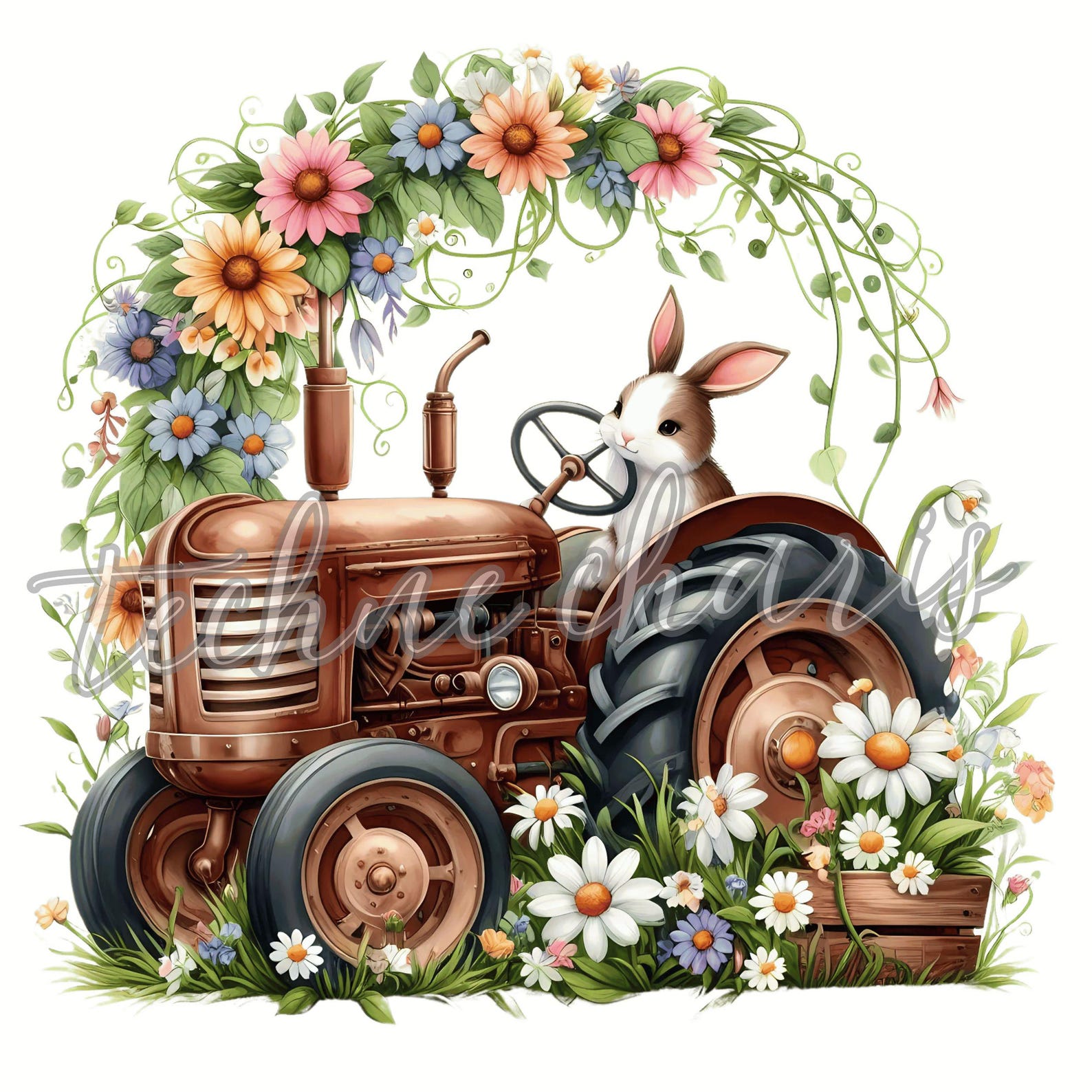 Rustic Floral Tractor Clipart, Watercolor Farm Tractor With Flowers ...