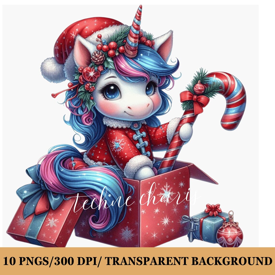 Watercolor Christmas Unicorn Clipart Bundle, 10 Festive PNG (digital ...