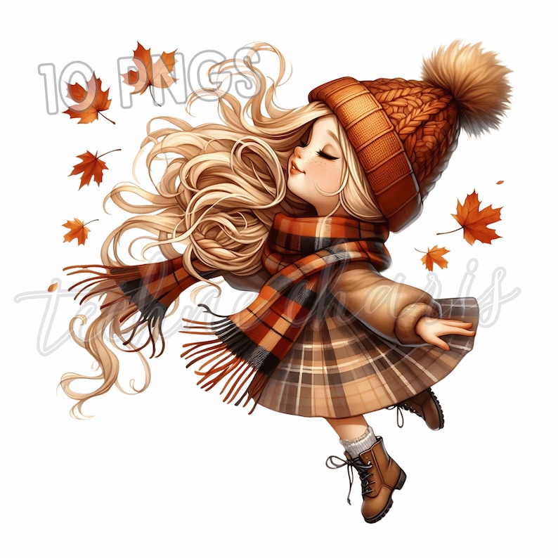 10 Quirky Fall Girl PNG Clipart, Autumn Cozy Girl Twirling With Maple ...