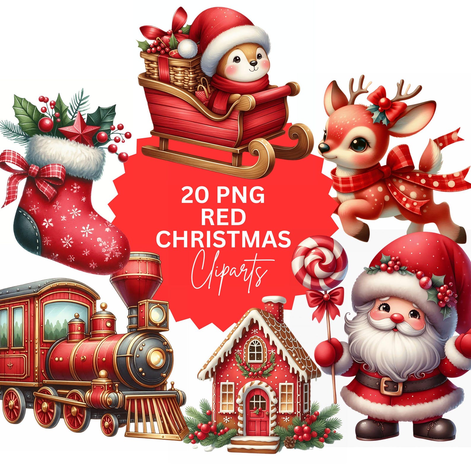 Red Christmas Clipart Bundle, Merry Christmas Png Graphics, Snowman Png ...