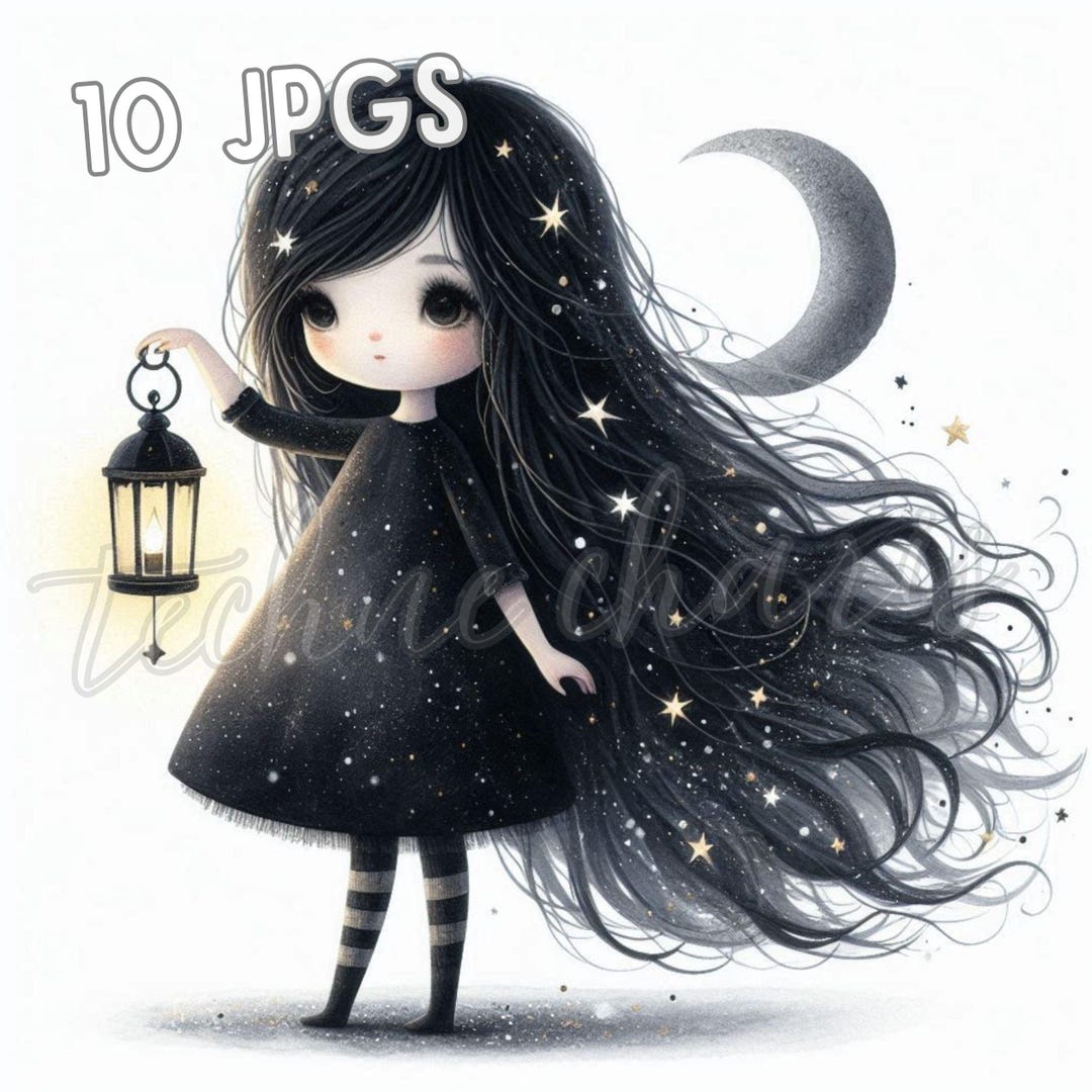 Quirky Girl Starry Night Clipart | 10 Jpgs | Celestial Fantasy Art for ...