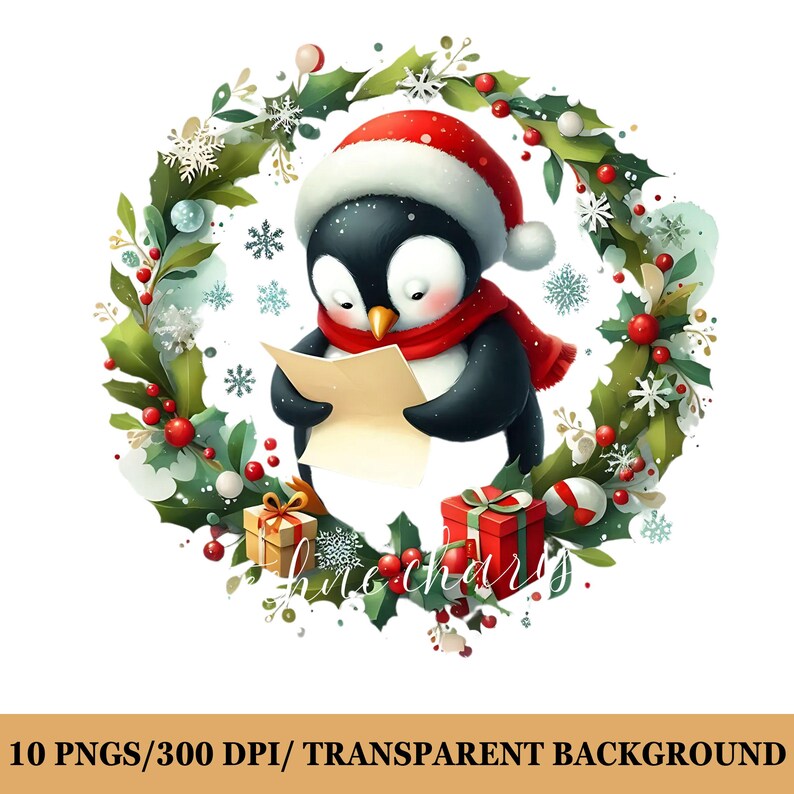 Watercolor Christmas Penguin Clipart, Winter Clipart, Penguin Clipart ...