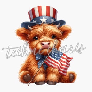 July 4th Highland Cow PNG | Cute Baby Cow Sublimation Design, Funny USA ...