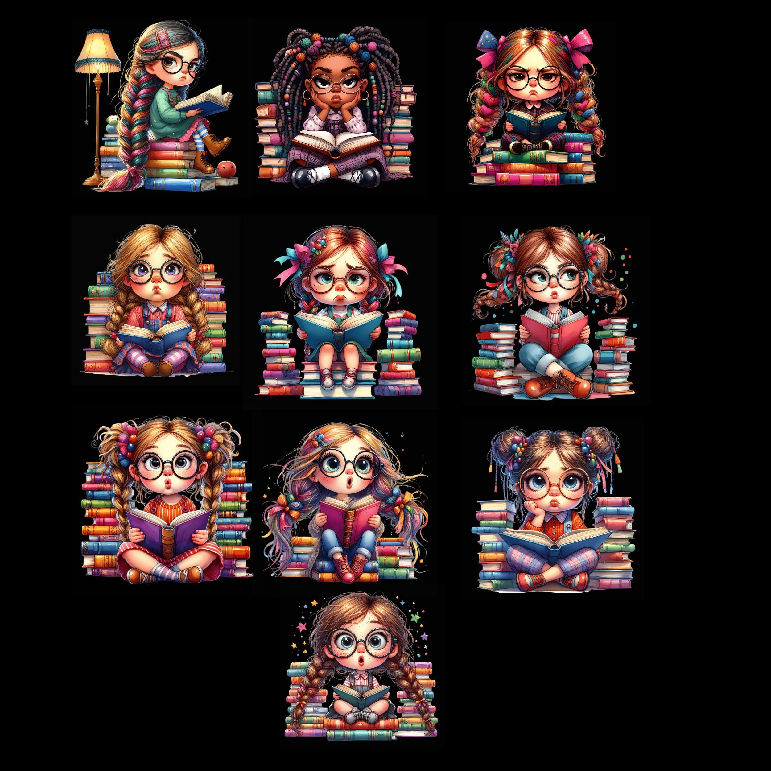 Quirky Girls and Books Clipart Bundle, Set of 10 High Quality Pngs ...