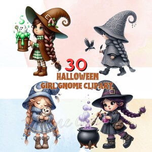 Halloween Girl Gnome Clipart PNG Bundle | 30 Cute Braided Hair Knitted ...