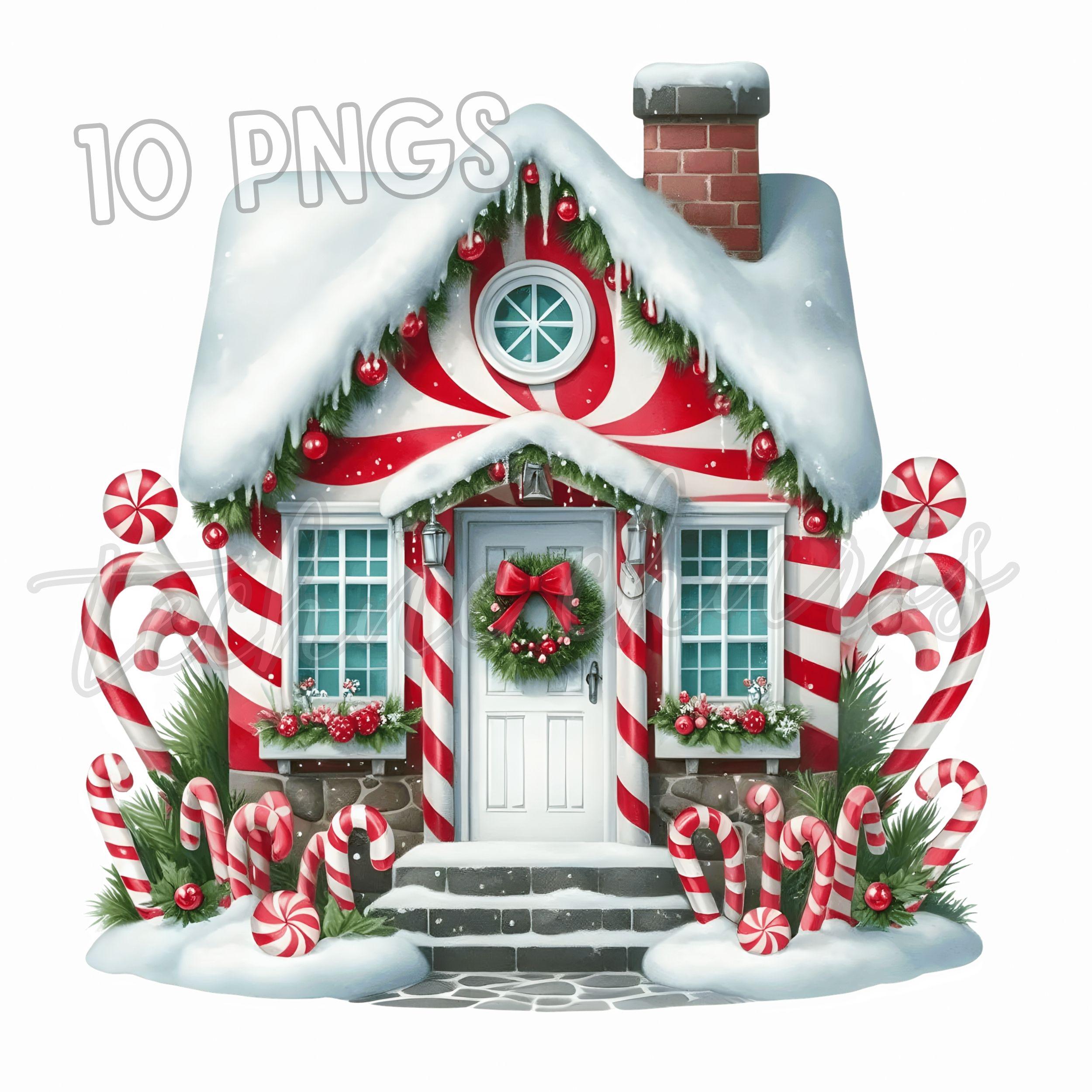 Peppermint Christmas Cottage Clipart, Candy House PNG Set (digital ...