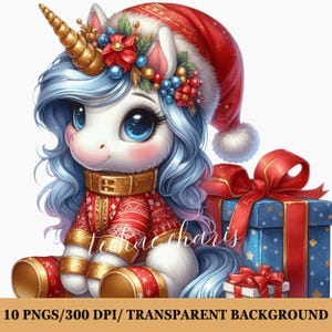 Watercolor Christmas Unicorn Clipart Bundle, 10 Festive PNG (digital ...