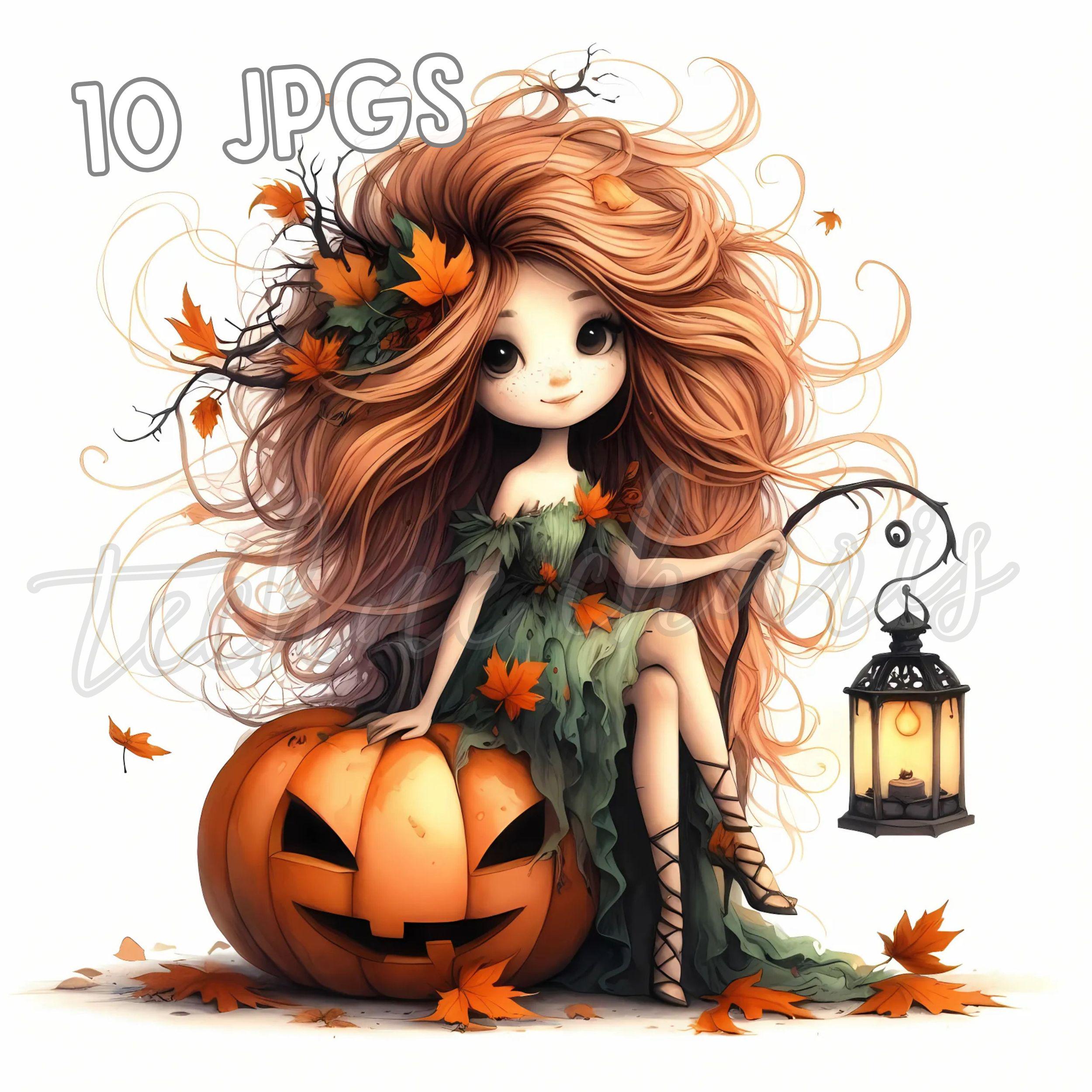 Autumn Witch Girl Clipart | Pumpkin Halloween Art (300 DPI JPEG) - Etsy