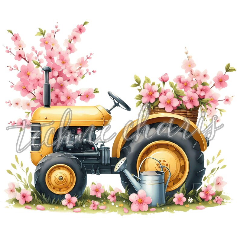 Rustic Floral Tractor Clipart, Watercolor Farm Tractor With Flowers ...