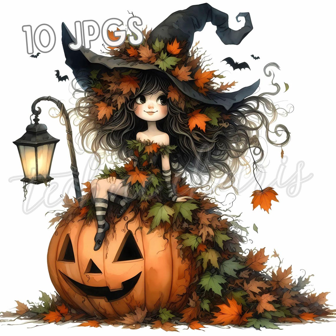 Autumn Witch Girl Clipart | Pumpkin Halloween Art (300 DPI JPEG) - Etsy