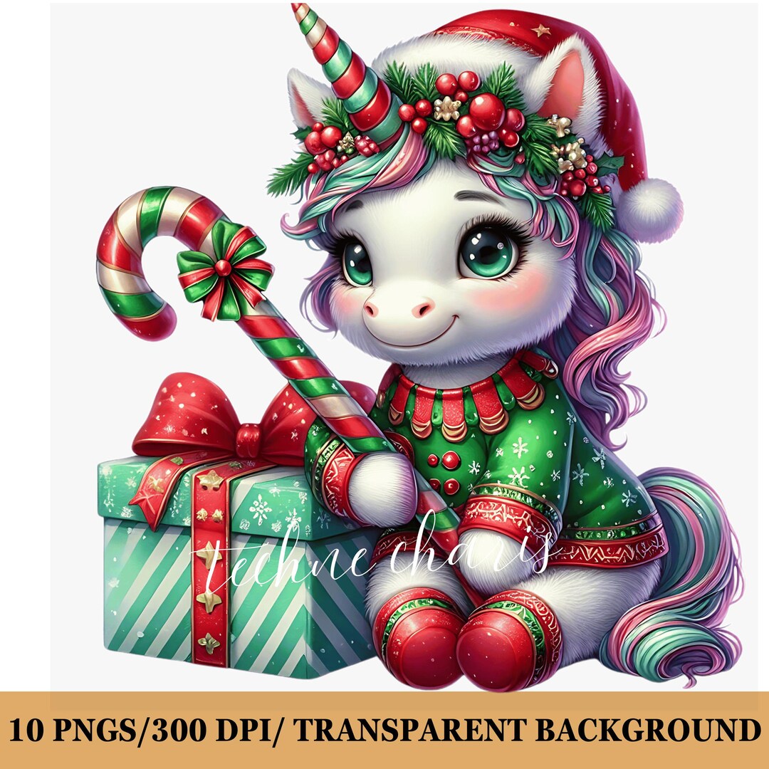 Watercolor Christmas Unicorn Clipart Bundle, 10 Festive PNG (digital ...