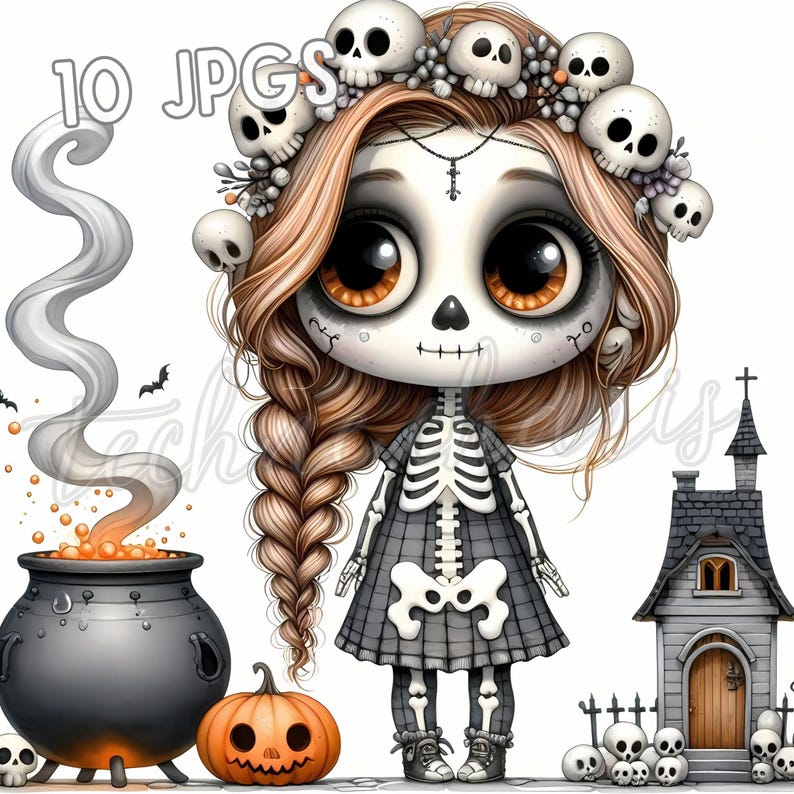 Chibi Skeleton Girl Clipart, Watercolor Halloween Art (10 Jpgs) - Etsy