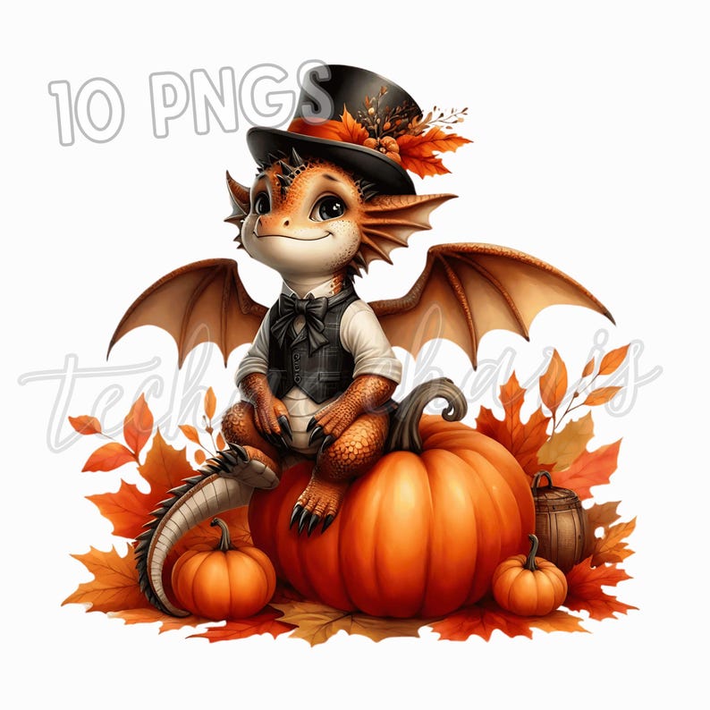 Fall Dragon PNG Clipart Bundle | 10 Cute Fantasy Dragons on Pumpkins ...