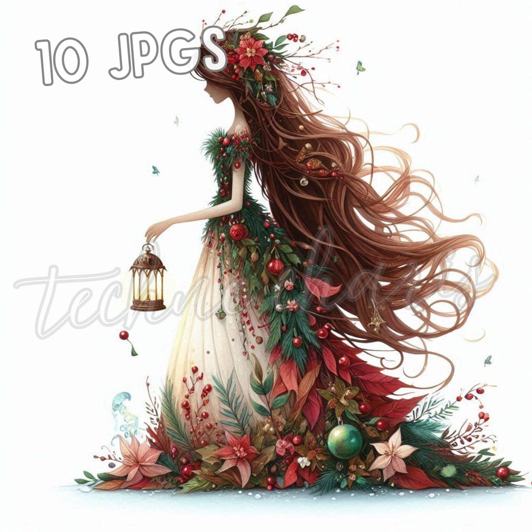 Christmas Enchantress Clipart JPG | Holiday Woman in Leaf Dress ...