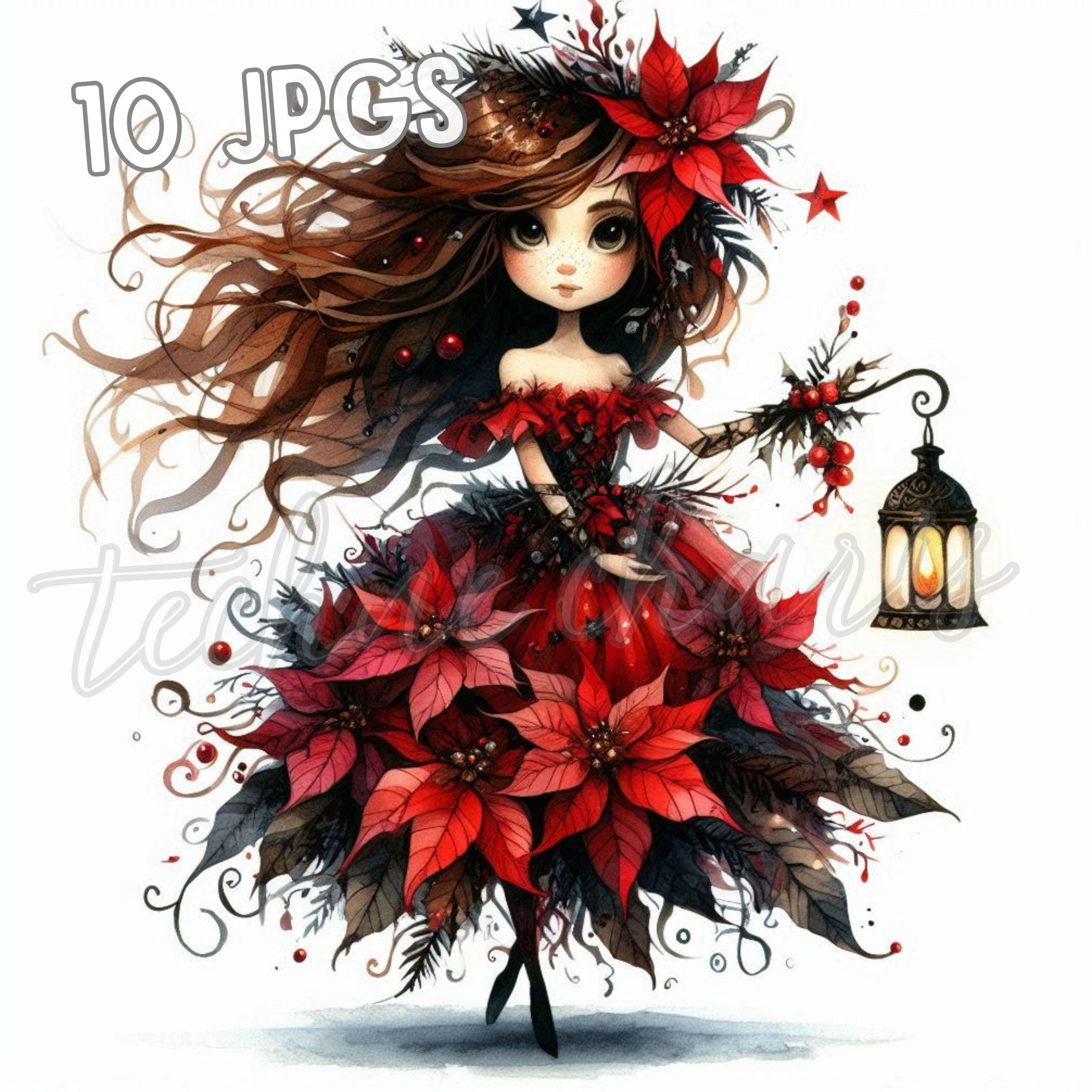Christmas Fairy Clipart | 10 JPG Poinsettia Dress Holiday Enchantress ...