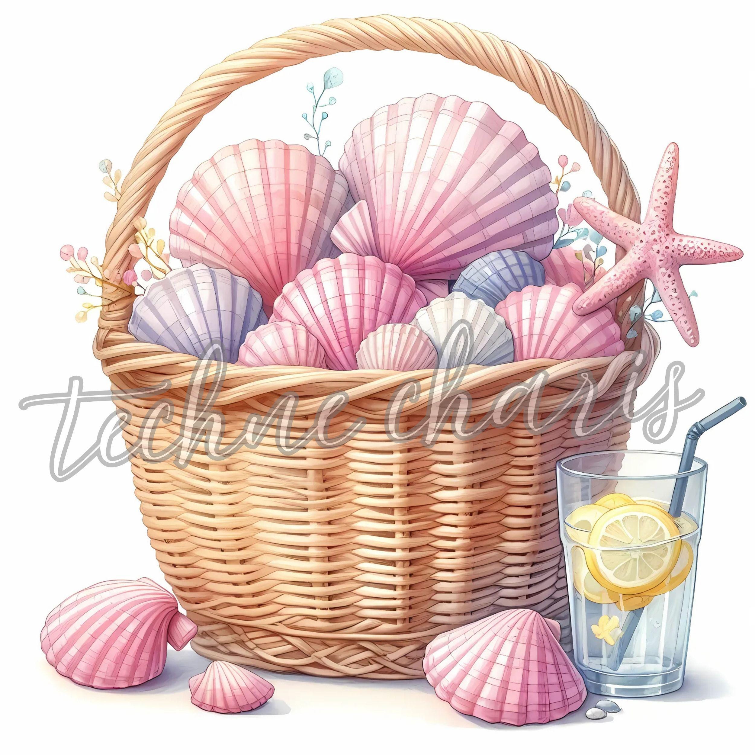 Seashell Bucket Clipart | 10 High-quality Watercolor Jpgs, Beach Summer ...