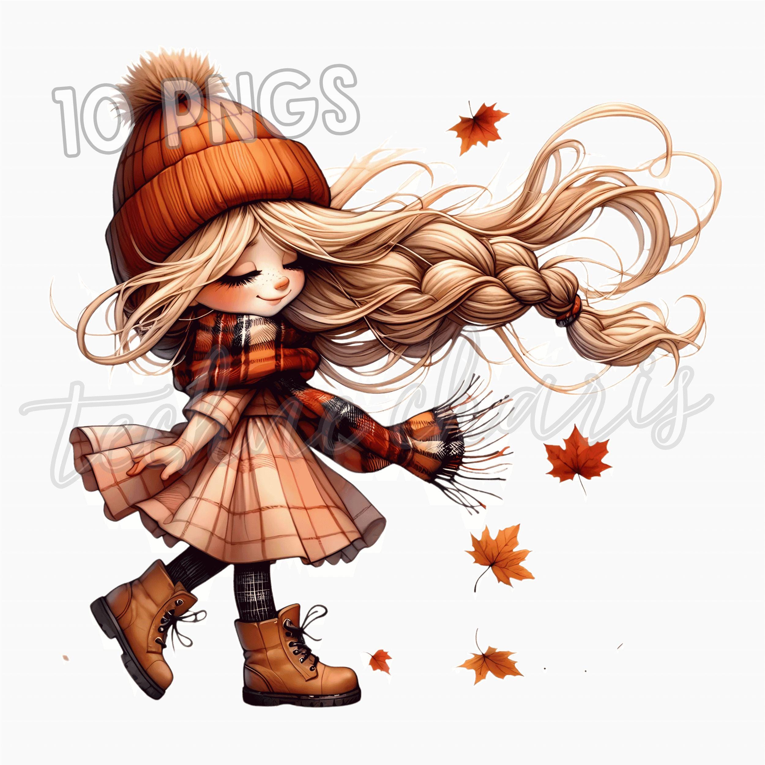 10 Quirky Fall Girl PNG Clipart, Autumn Cozy Girl Twirling With Maple ...