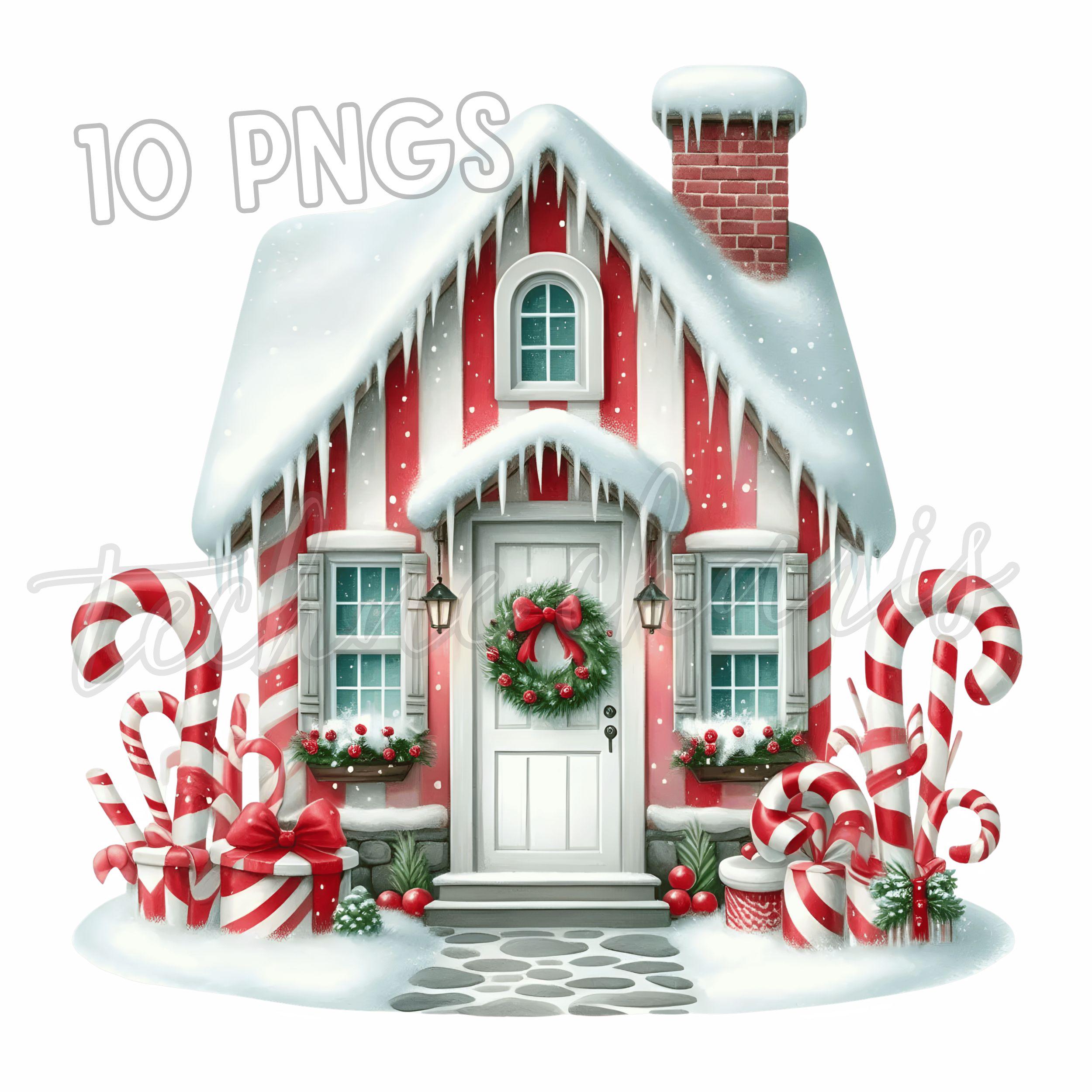 Peppermint Christmas Cottage Clipart, Candy House PNG Set (digital ...