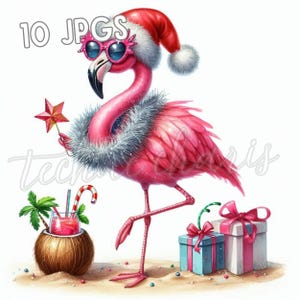 Christmas Tropical Flamingo Clipart Set of 10 Jpgs – Watercolor Holiday ...