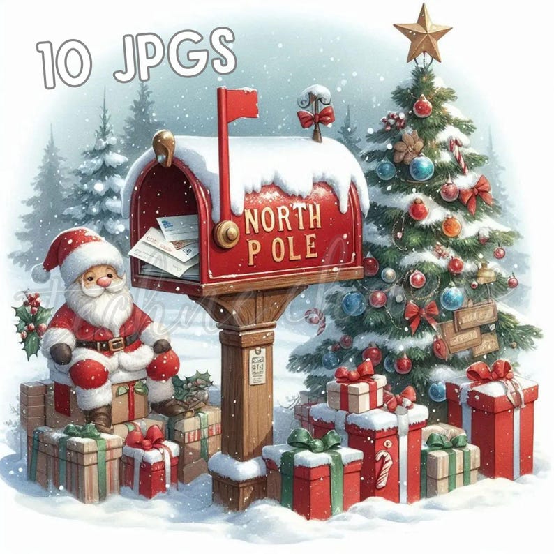 North Pole Mailbox Clipart | Christmas Watercolor Scene (10 JPG) - Etsy