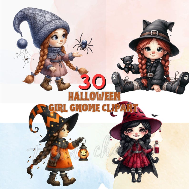 Halloween Girl Gnome Clipart PNG Bundle | 30 Cute Braided Hair Knitted ...