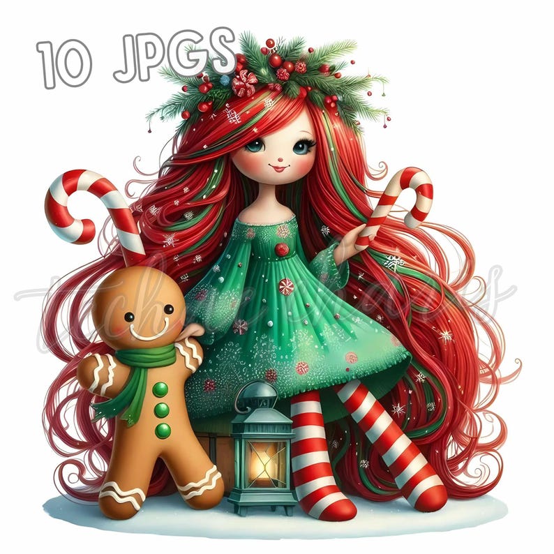 10 Quirky Christmas Doll Clipart JPG Holiday Girl With Gingerbread Man ...