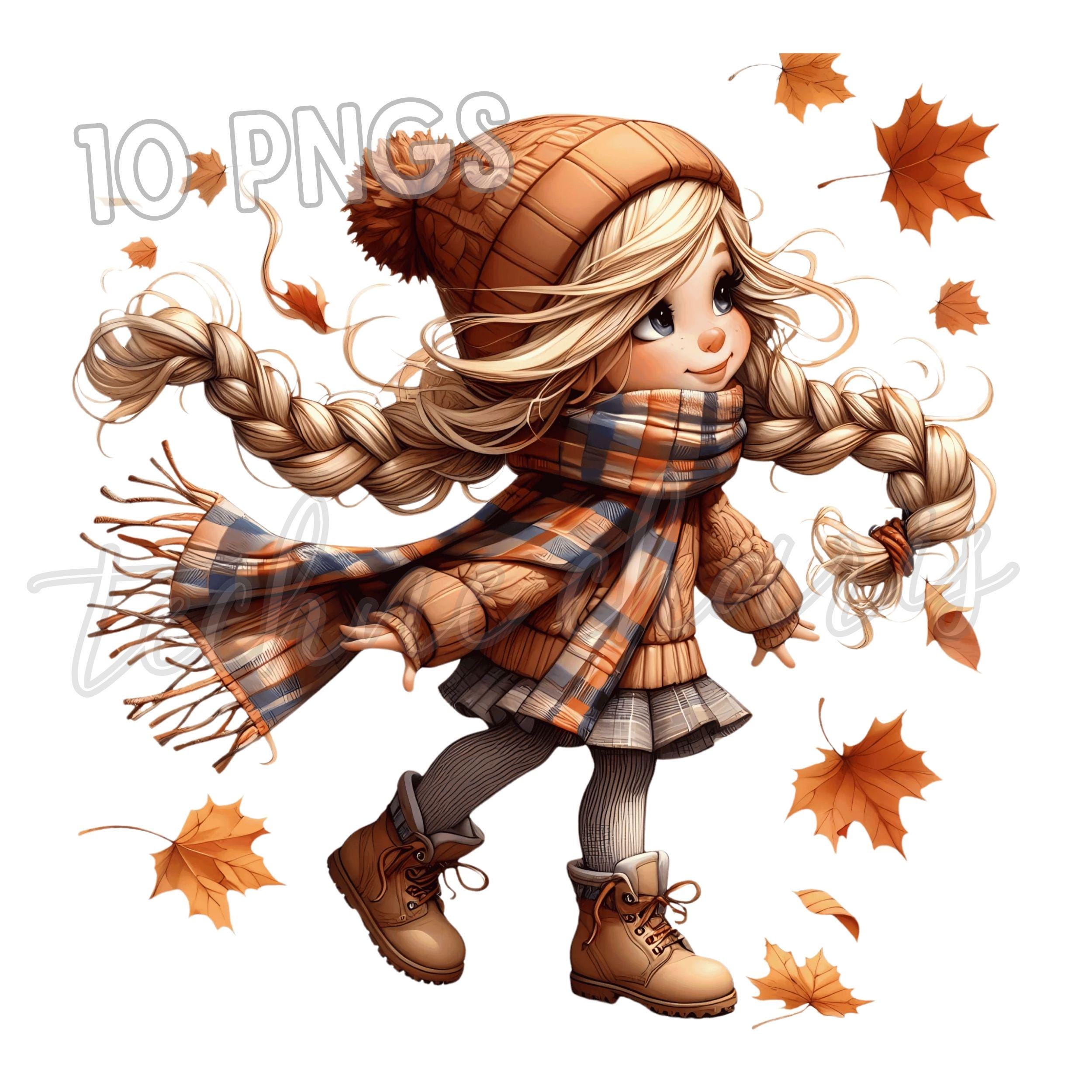 10 Quirky Fall Girl PNG Clipart, Autumn Cozy Girl Twirling With Maple ...